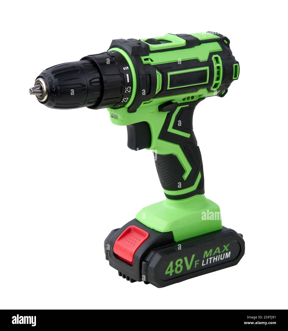 Cordless electric drill with a 48V lithium battery, ergonomic grip, and ...