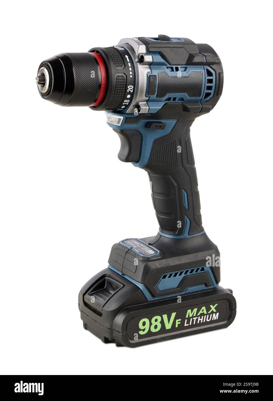 Cordless electric drill with a 98V lithium battery, ergonomic grip, and ...
