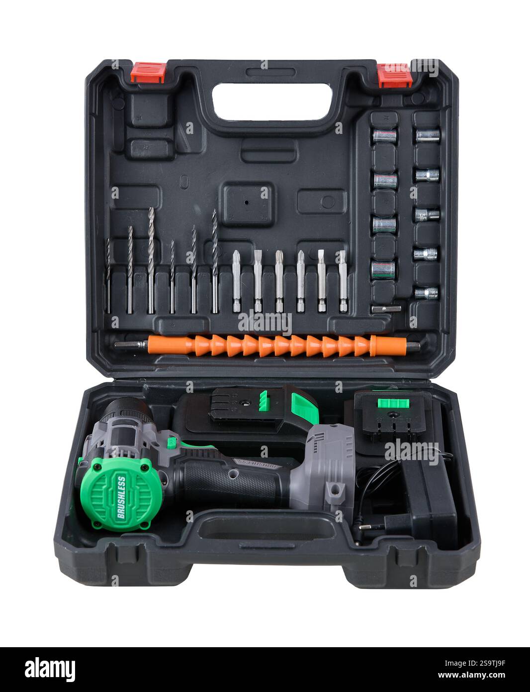 Cordless electric drill with a 21V lithium battery, ergonomic grip, and ...