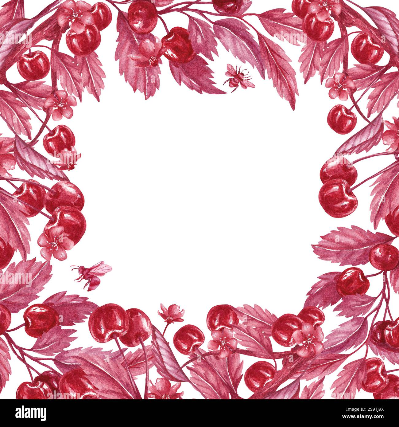 Square frame with cherry branches along the perimeter. Watercolor ...
