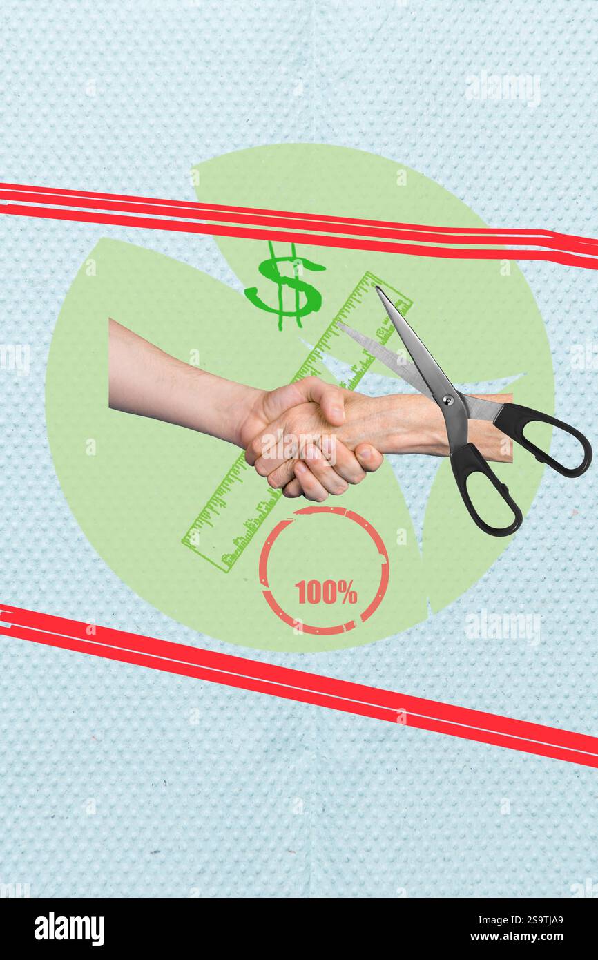 Creative abstract template collage of handshake scissors ruler office ...