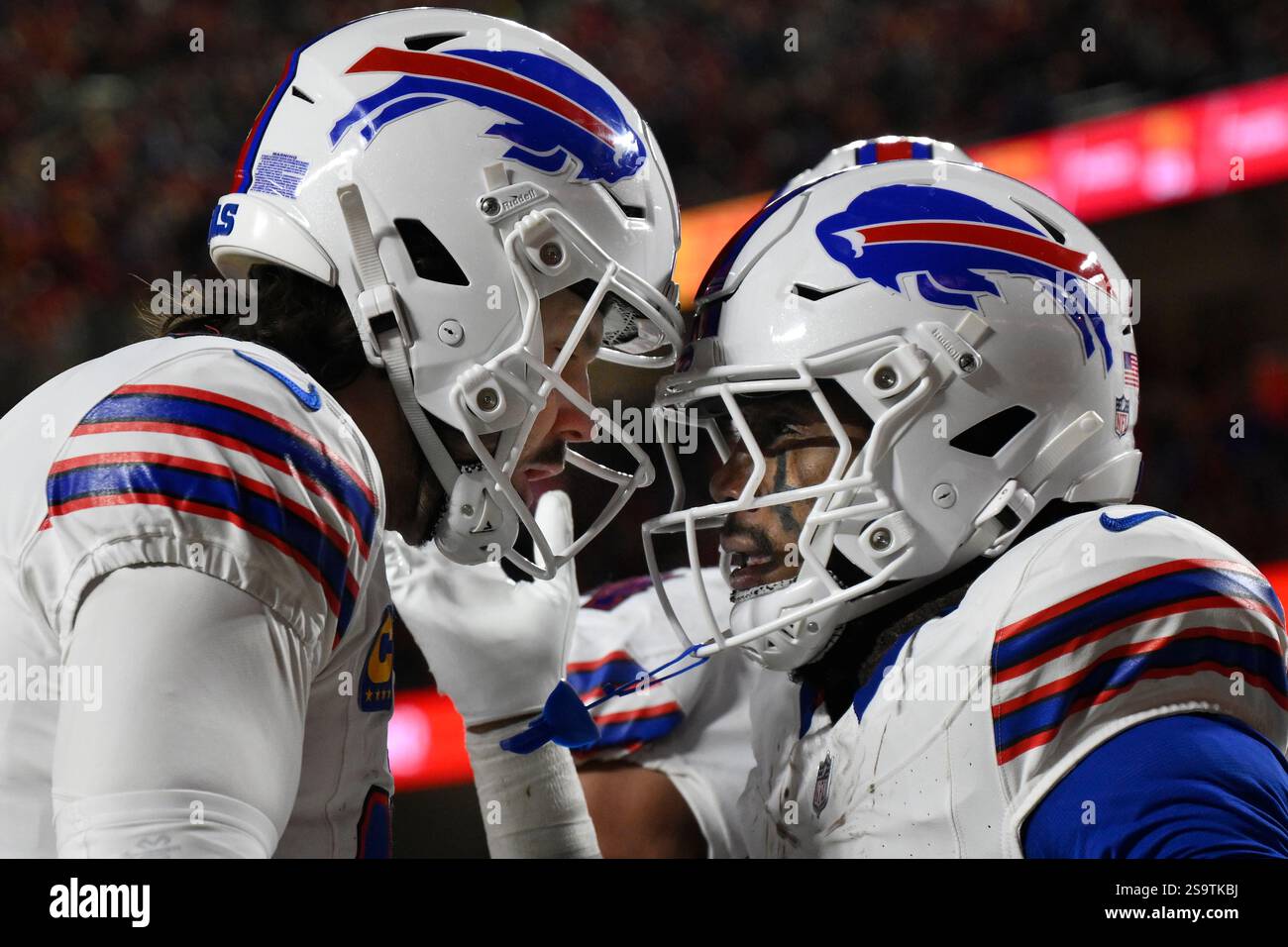 Buffalo Bills running back James Cook, right, is congratulated by Bills ...