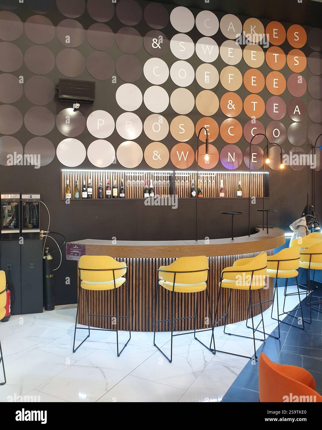 Empty cafe with yellow bar chairs. Corner cafe in shopping center Stock ...