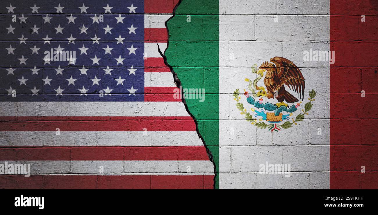 Cracked cinder block wall painted with a American flag on the left and ...