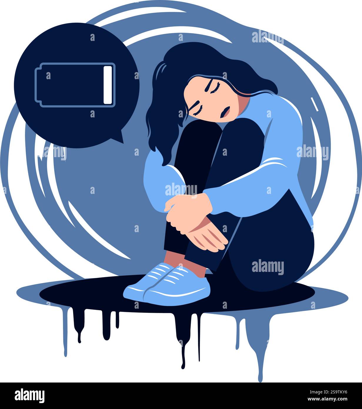 Tired woman sitting with a discharged battery in the thoughts. Concept emotional burnout or ...