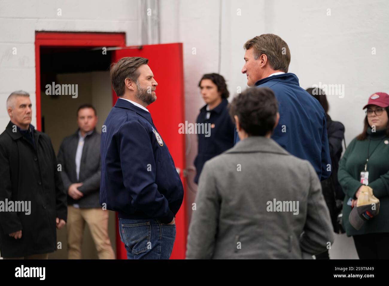 Vice President JD Vance talks Gov. Glenn Youngkin, R-Va., right, as he ...
