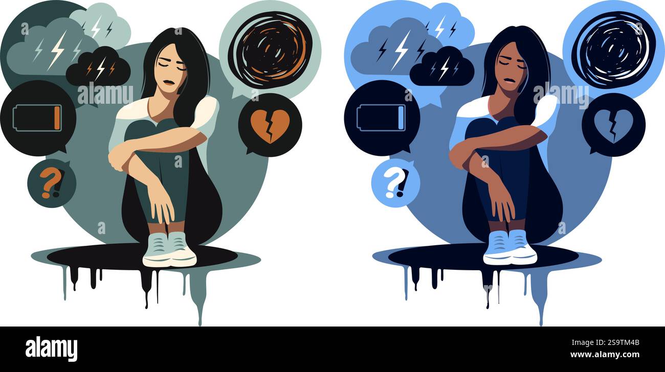 Depressed sad woman thinking over problems. Bankruptcy, loss, crisis ...