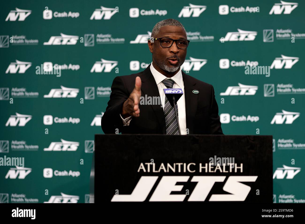 New York Jets new head coach Aaron Glenn speaks during a press conference at the NFL football ...