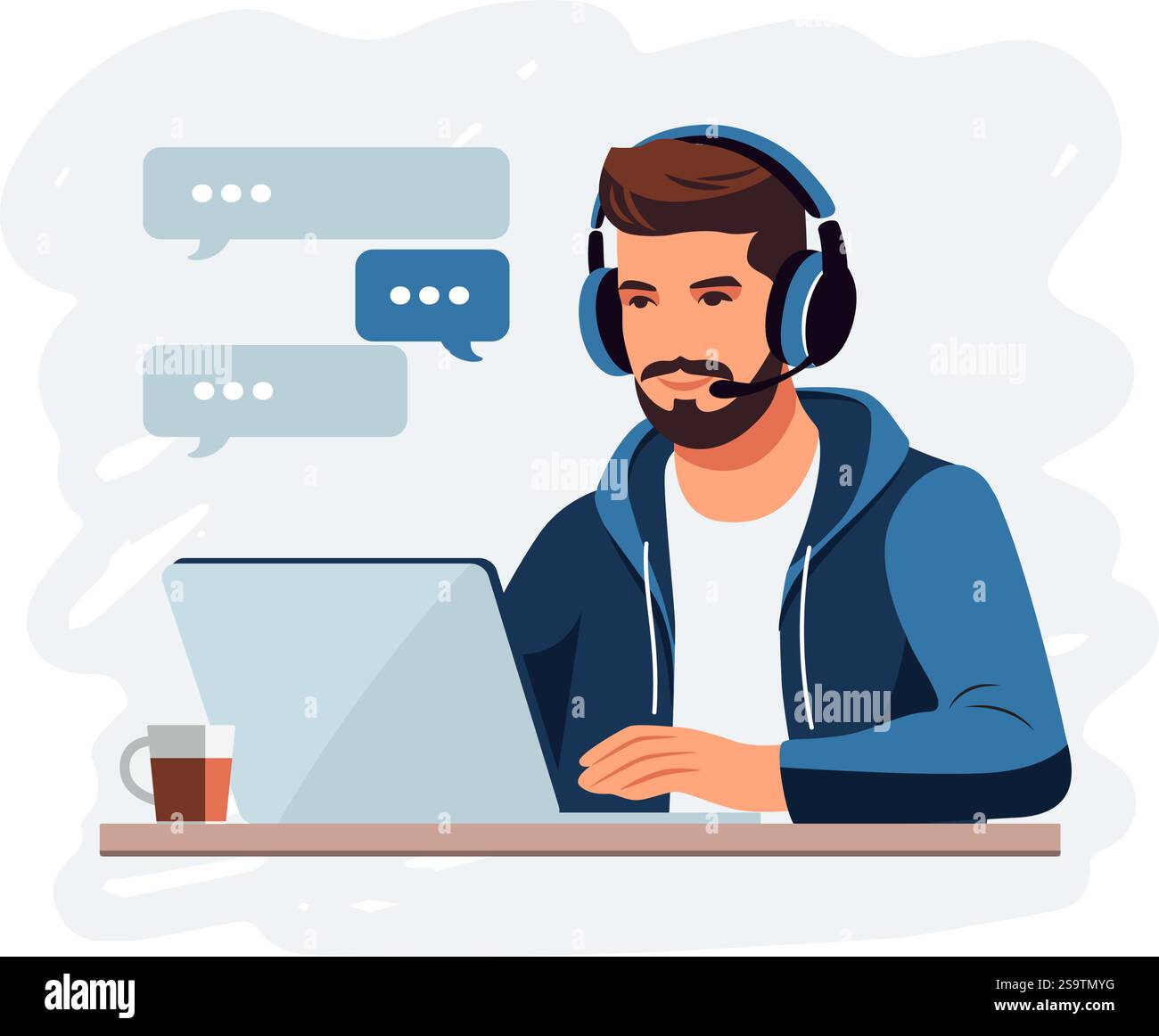 Customer service concept. Man with headphones and microphone with laptop. Support, assistance ...