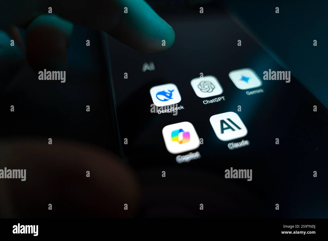 a collection of popular AI apps, including Deepseek, ChatGPT, Gemini, and Claude, showcasing the ...