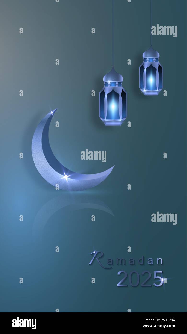Ramadan 2025 vertical banner, 3D gold crescent moon and Arabic Hanging ...