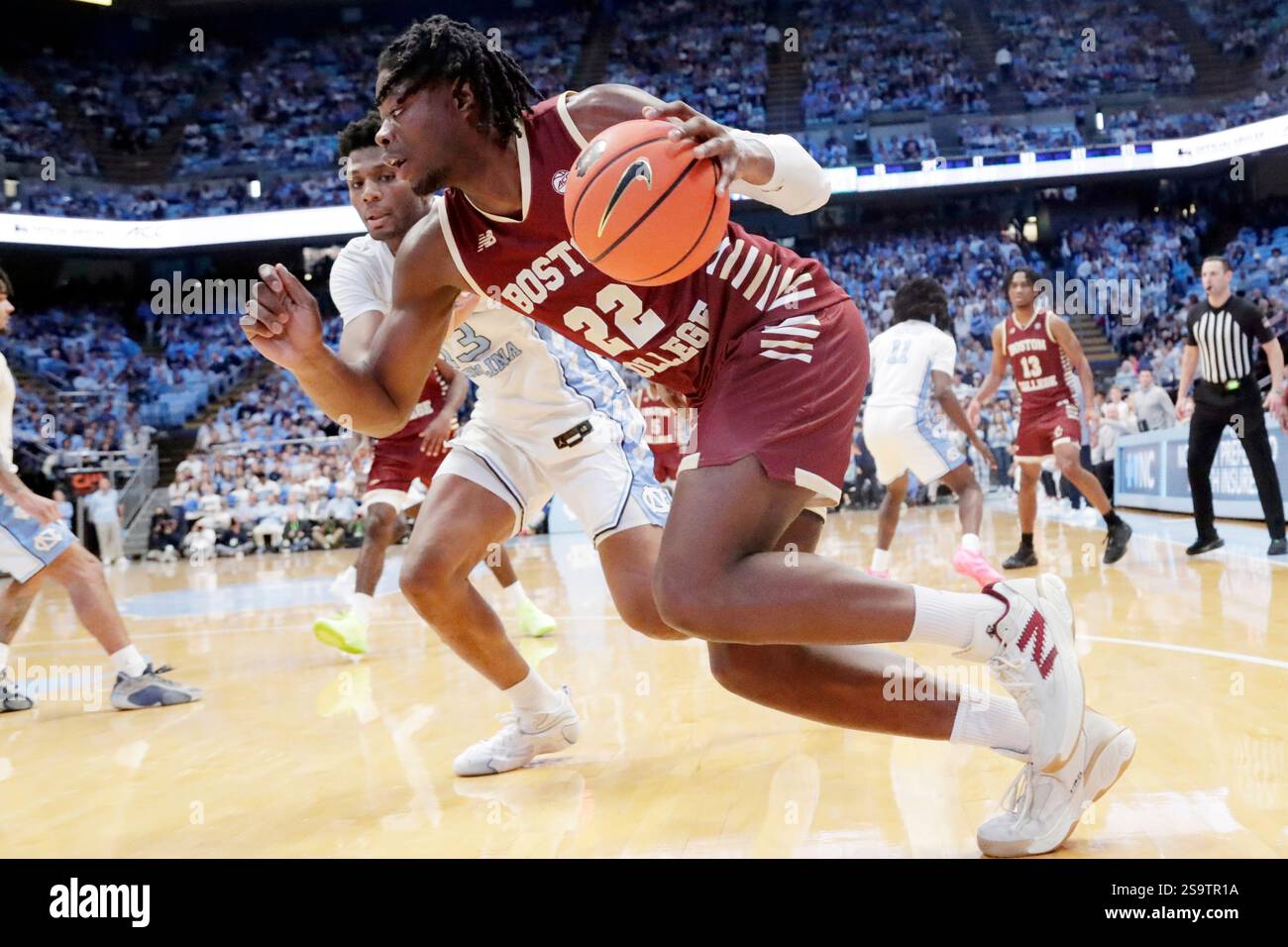 Boston College forward Jayden Hastings (22) drives against North ...