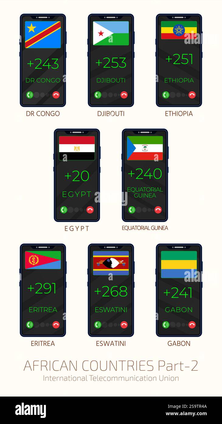 Set of vector illustrations of international country codes and flags of ...
