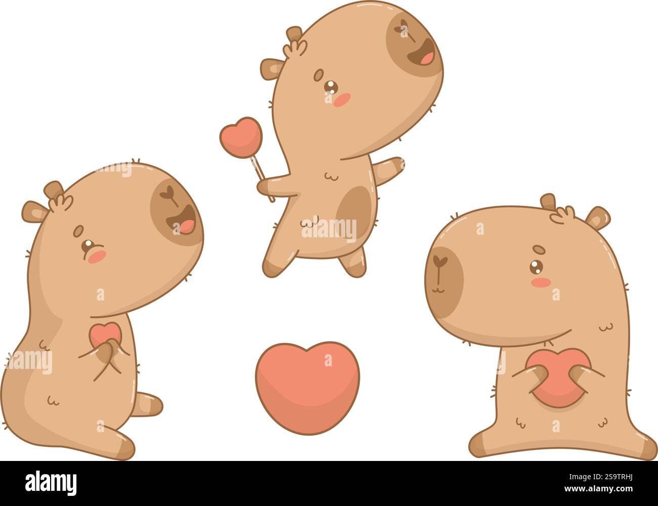 Cute romantic cartoon Capybara with heart collection. isolated enamored ...