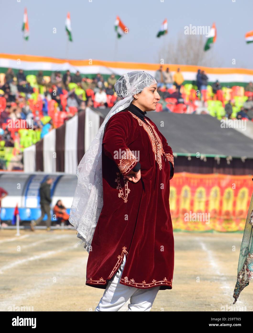 Srinagar, India. 26th Jan, 2025. Students taking part during the the 76th Republic Day parade at ...