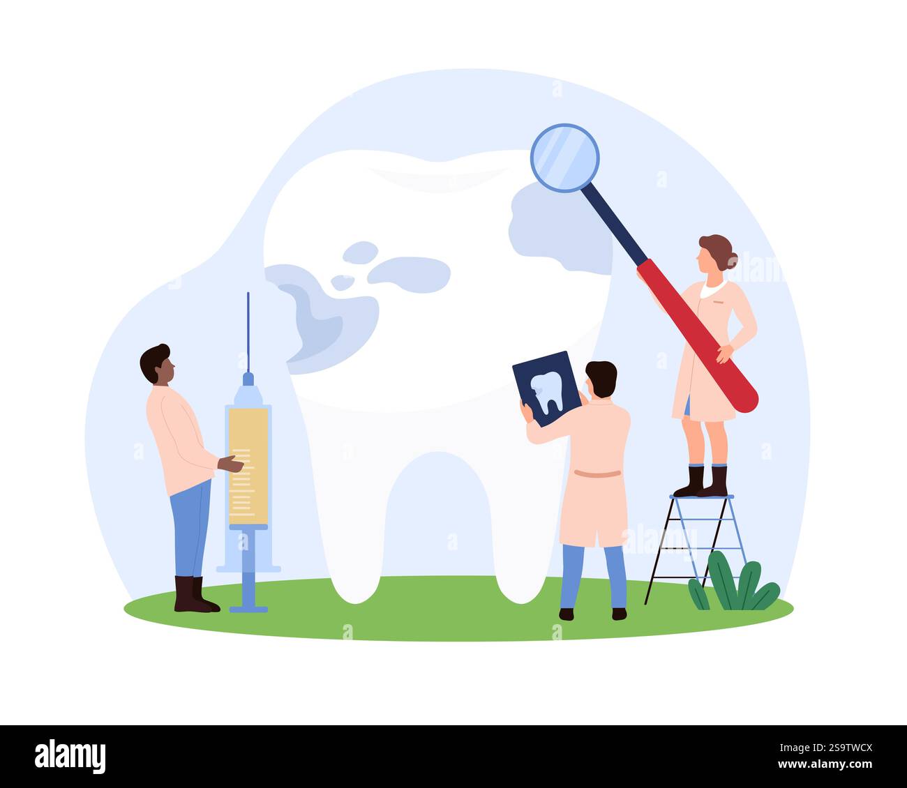 Professionals investigating a tooth cavity with tools and magnifying ...