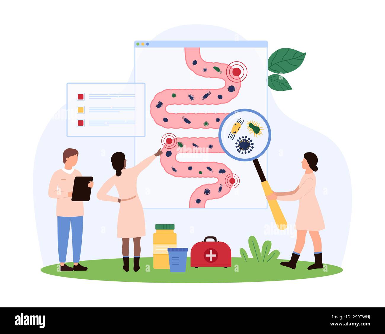 Tiny people investigating harmful gut flora, focusing on digestive ...