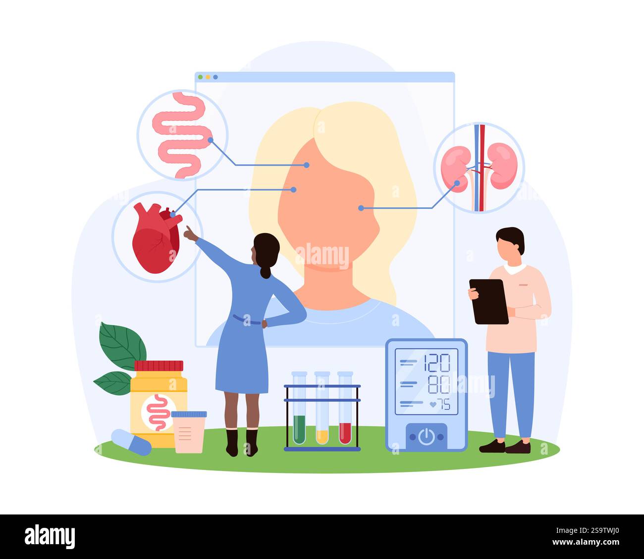 Tiny people examining skin health, discussing dermatology and ...