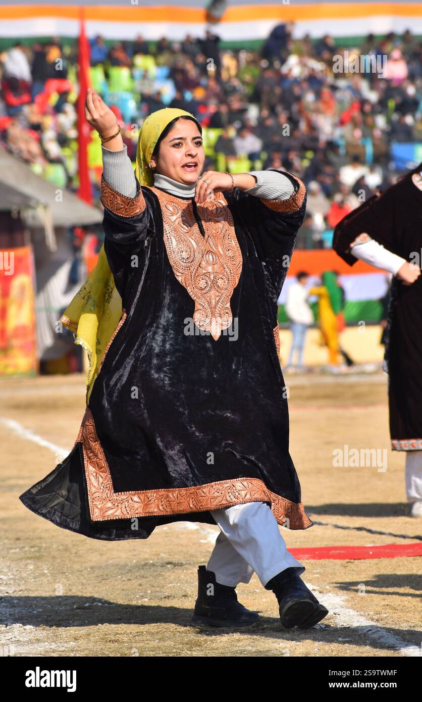 Srinagar, India. 26th Jan, 2025. Students taking part during the the 76th Republic Day parade at ...