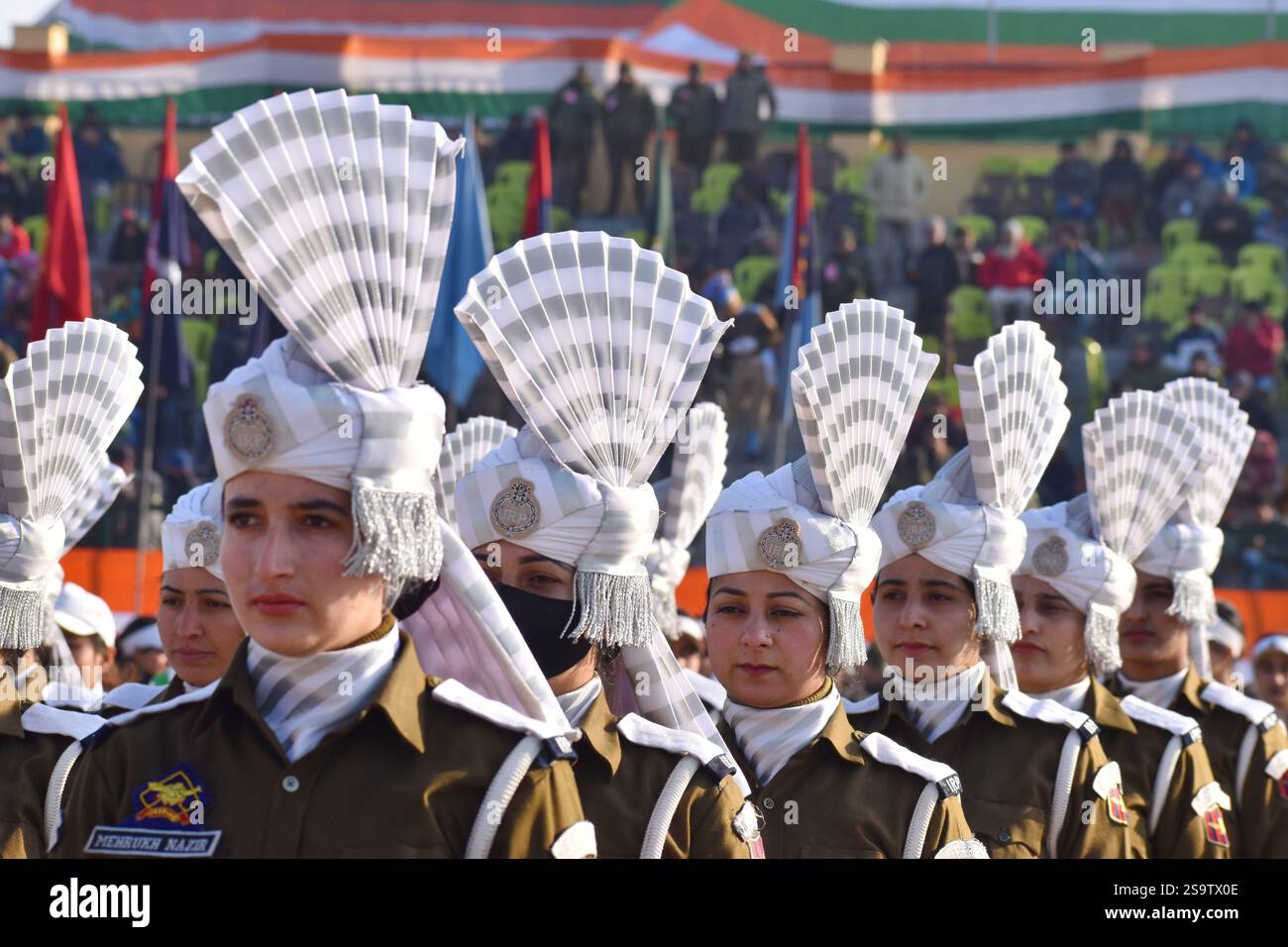 Women Kashmir Police taking part during the the 76th Republic Day parade at Bakshi Stadium.on ...