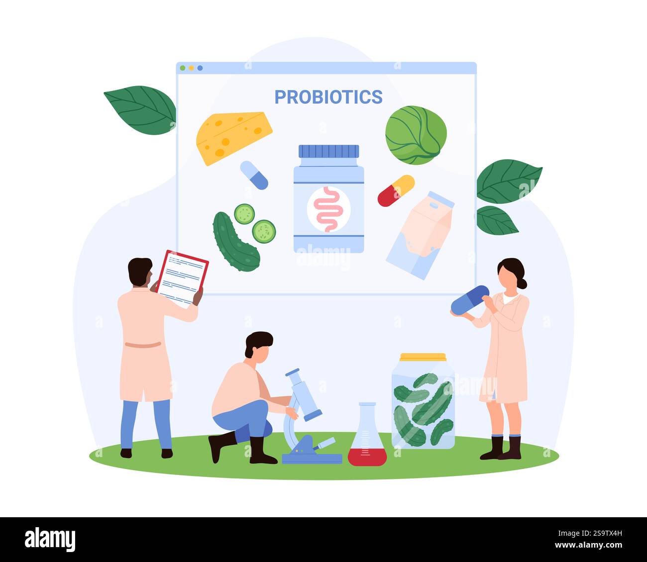 Tiny people exploring benefits of probiotics, focusing on digestive ...