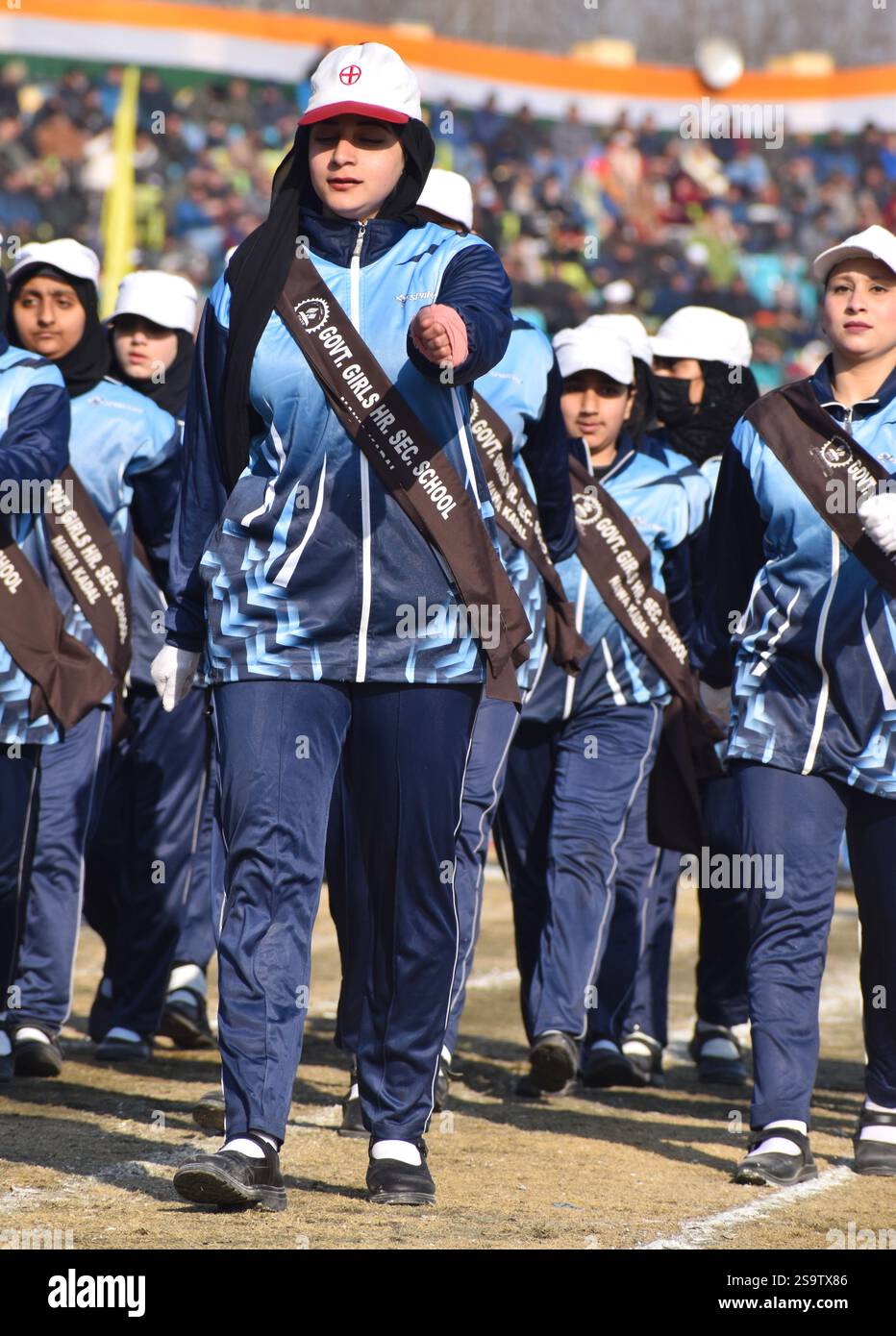 Students taking part during the the 76th Republic Day parade at Bakshi Stadium.on January, 26 ...