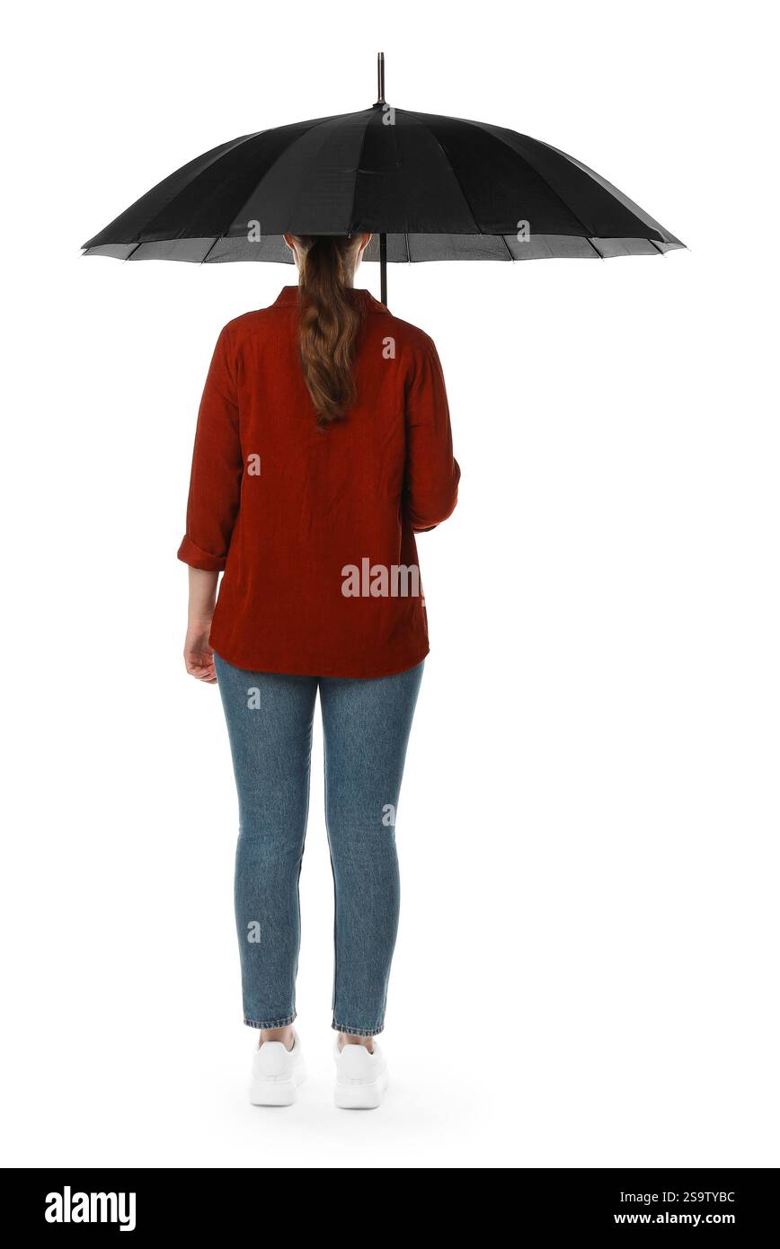 Young woman with black umbrella on white background, back view Stock ...