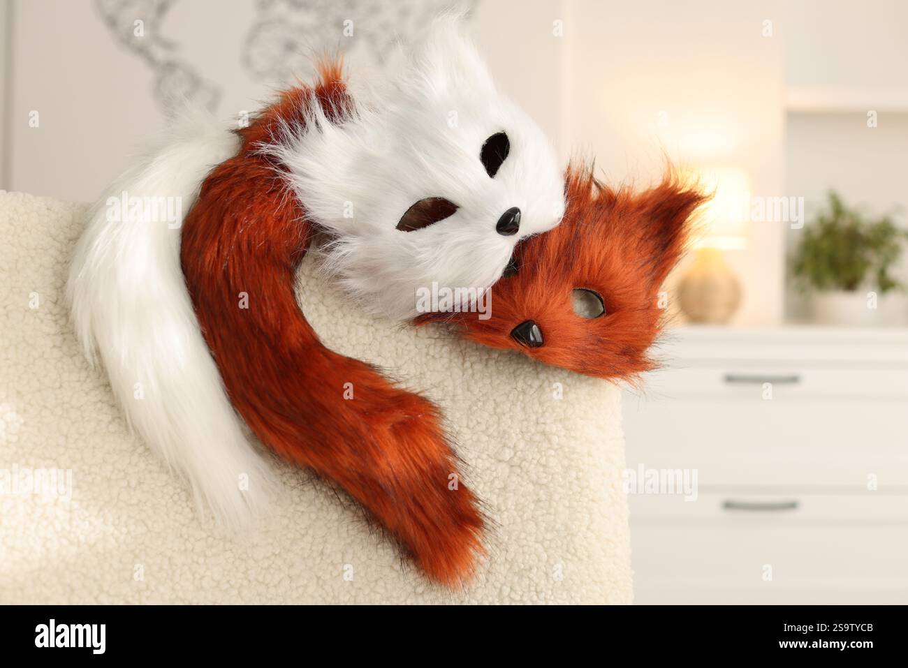 Quadrobics. Fox and cat masks with tails on armchair indoors Stock ...