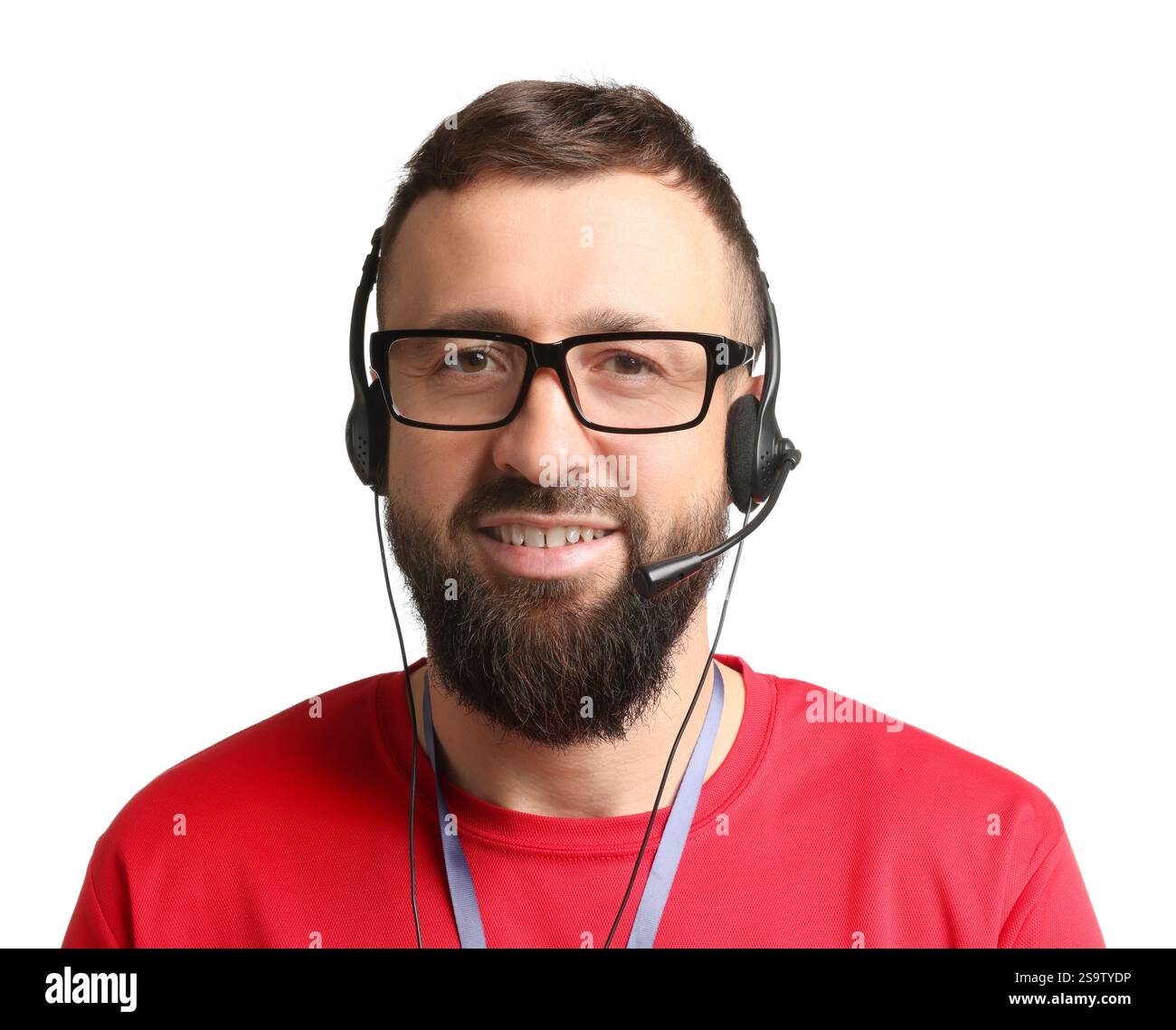 Technical support call center. Portrait of smiling operator on white ...