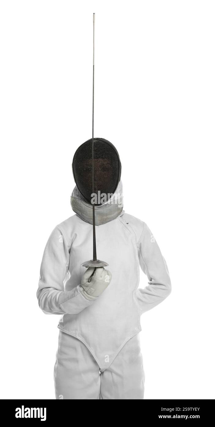 Fencer with epee on white background. Combat sport Stock Photo - Alamy