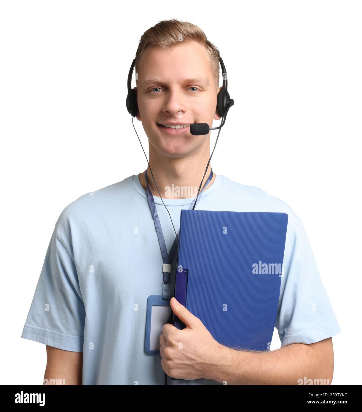 Technical support call center. Smiling operator with folder on white ...