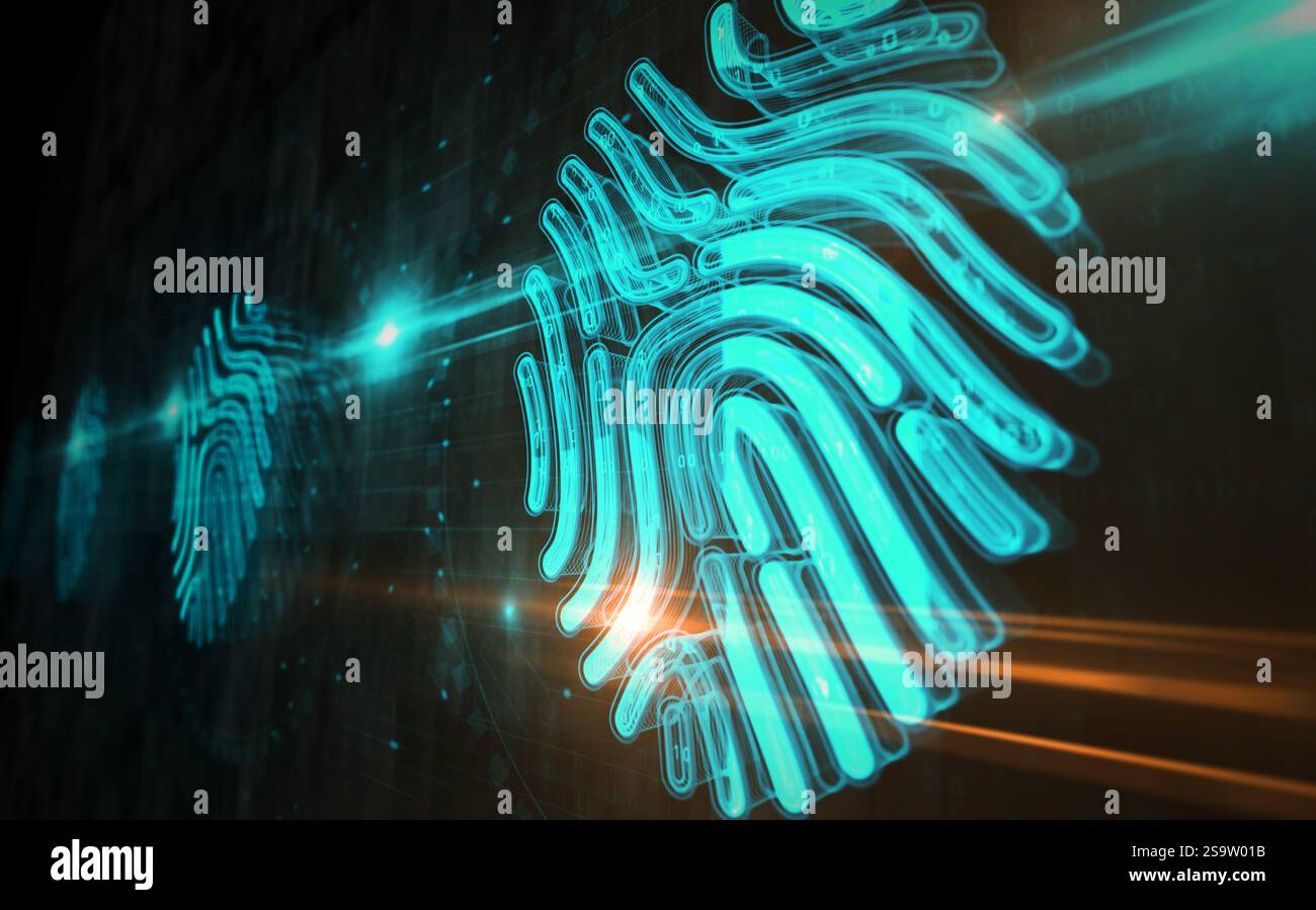 Fingerprint biometric identification access security symbol digital concept. Network, cyber ...