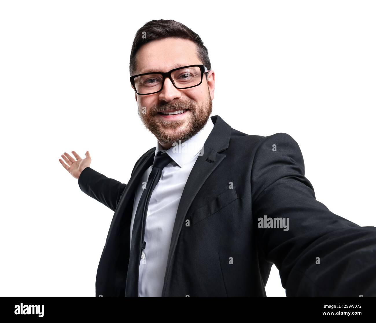Happy businessman welcoming clients or partners on white background ...