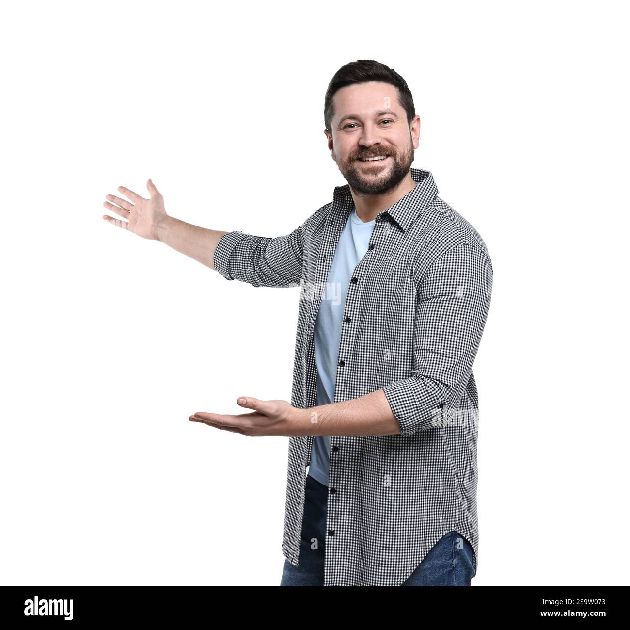 Happy man welcoming friends or guests on white background Stock Photo ...