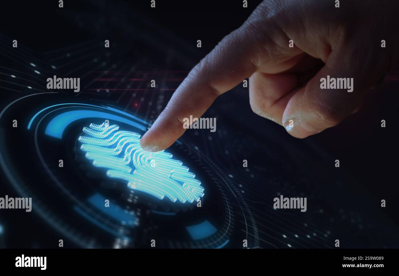 Fingerprint biometric identification access security symbol digital abstract 3d concept. Finger ...