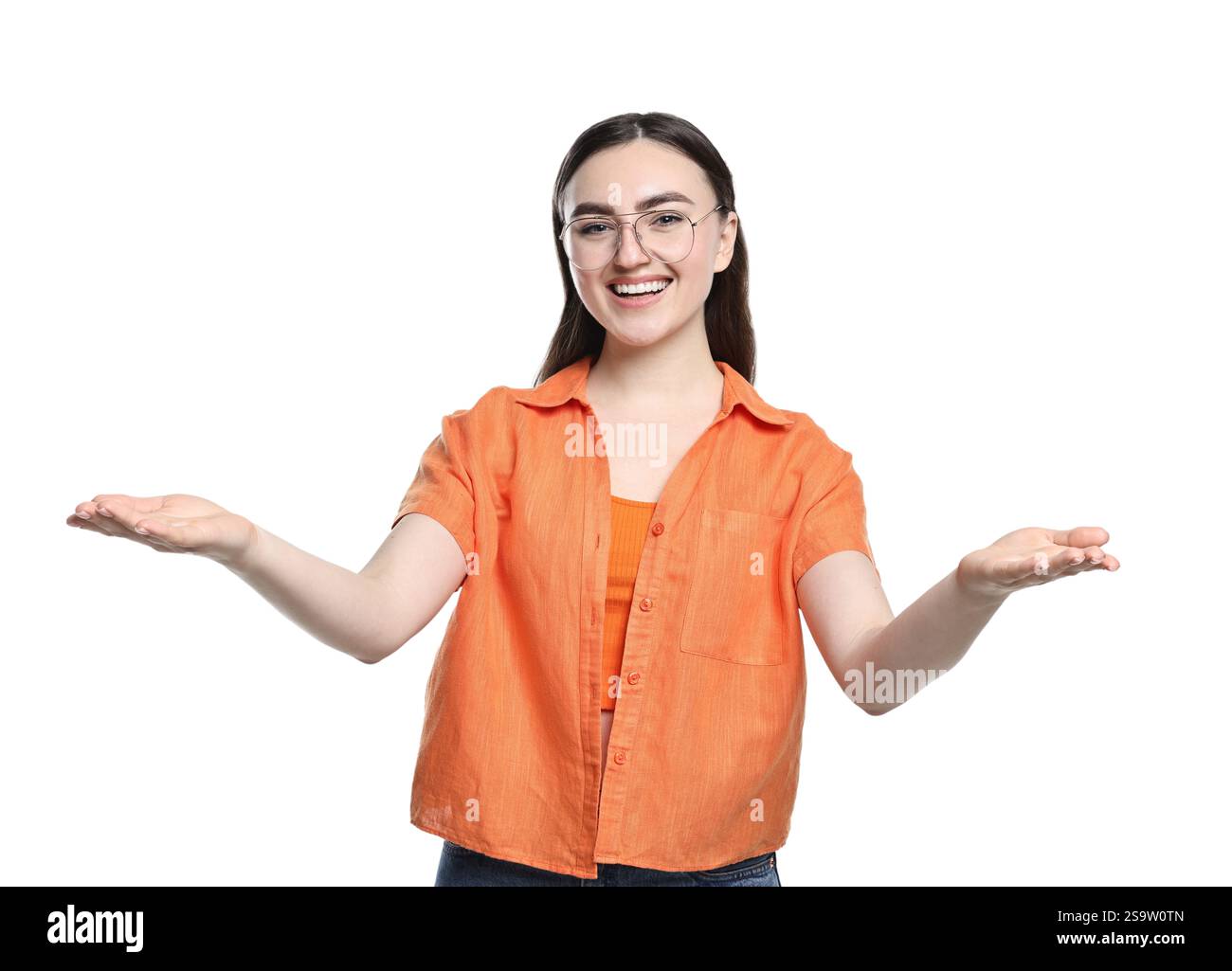 Happy woman welcoming friends or guests on white background Stock Photo ...