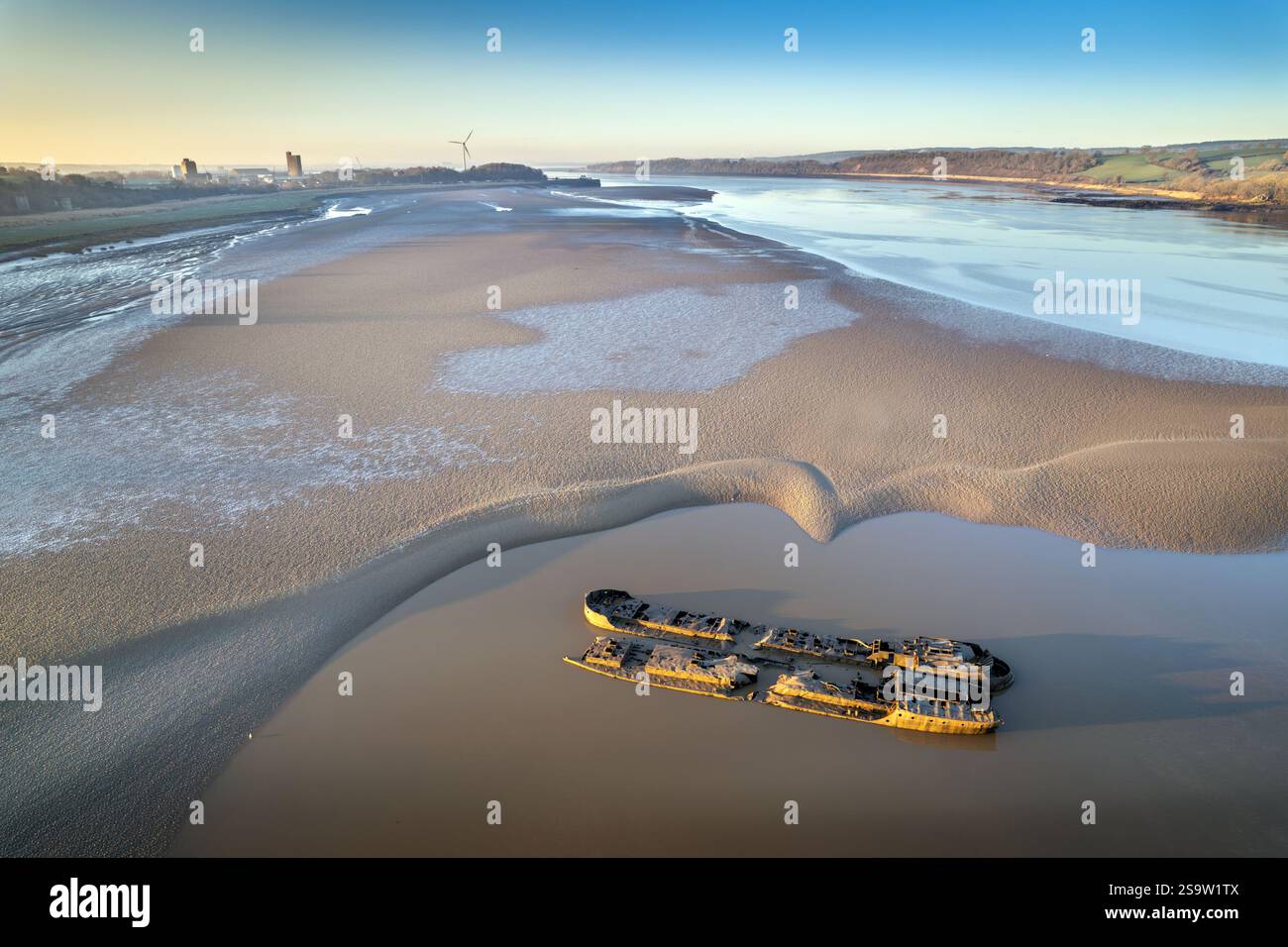 Low tide in the Severn Estuary reveals the wrecks of the two barges ...