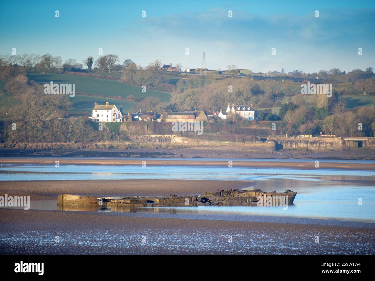 Low tide in the Severn Estuary reveals the wrecks of the two barges ...