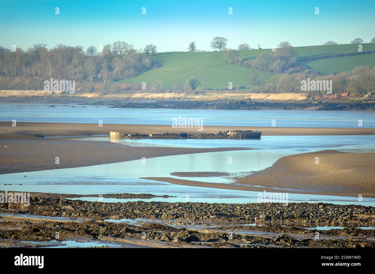Low tide in the Severn Estuary reveals the wrecks of the two barges ...