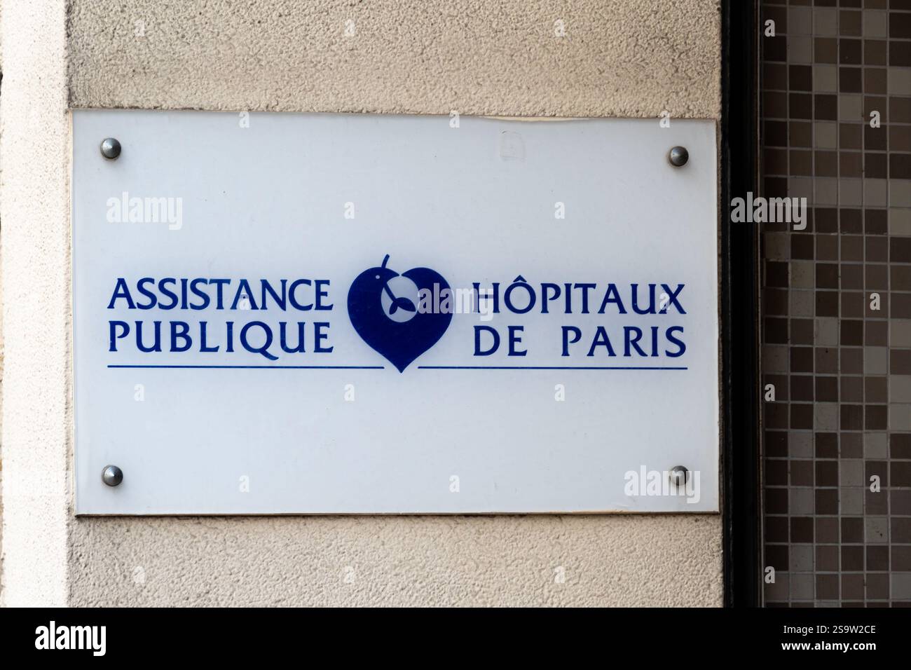 Close-up of a sign with the Assistance Publique - Hôpitaux de Paris (AP ...