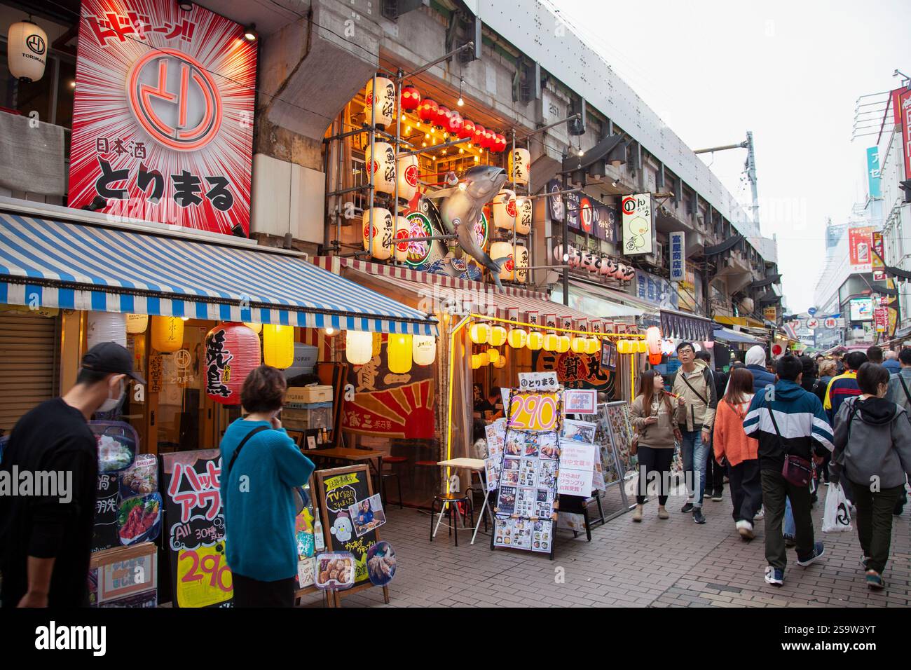 Shops and restaurants in the famous shopping district Ueno Ameyoko ...