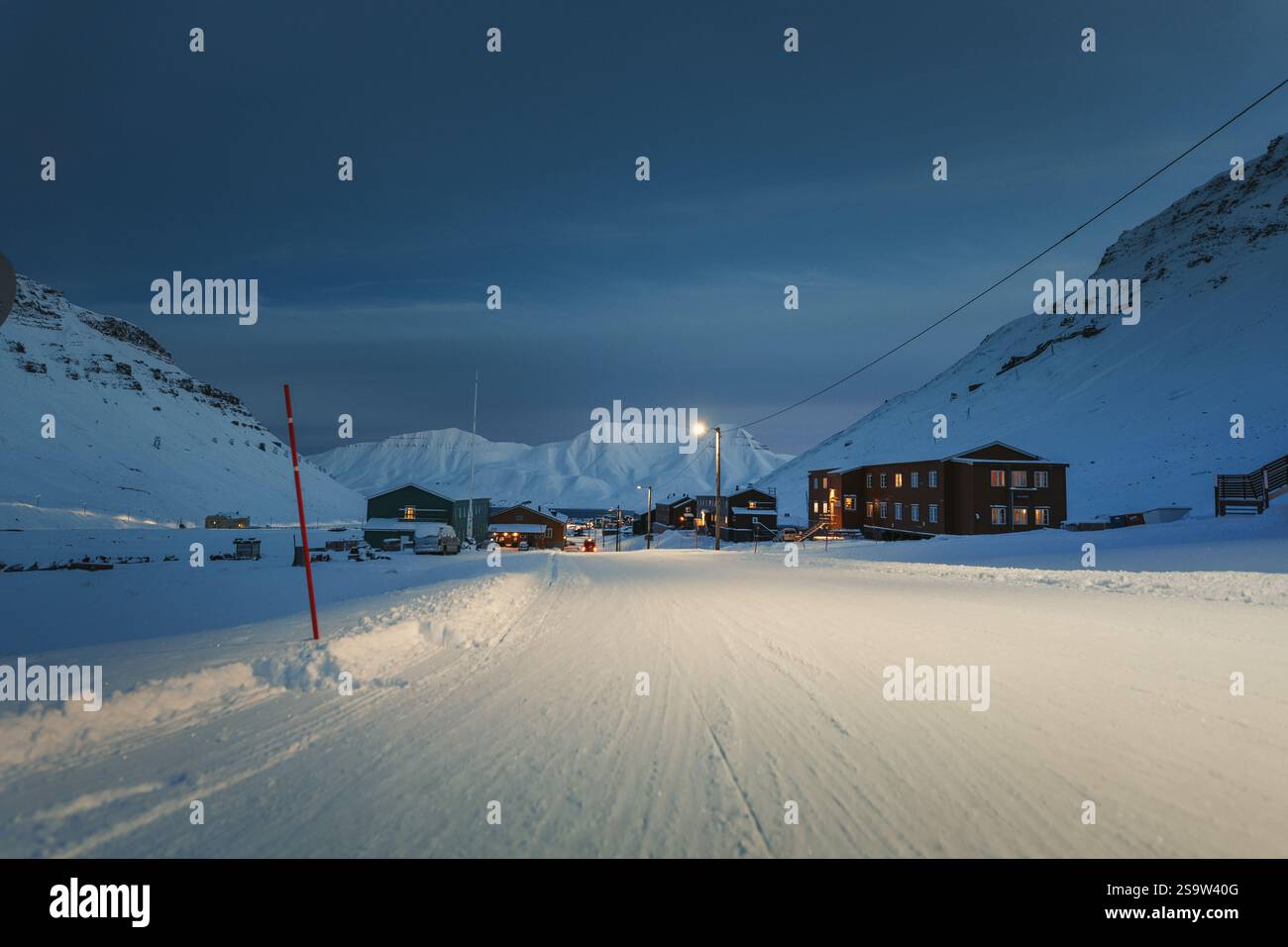 View of the town of Longyearbyen, Svalbard from Nybyen in the polar ...