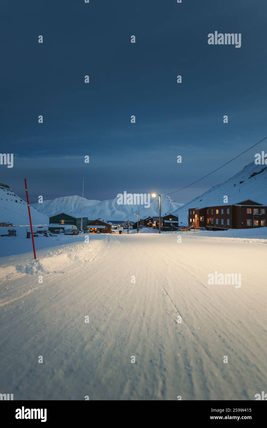 View of Longyearbyen, Svalbard town from Nybyen in the winter polar ...
