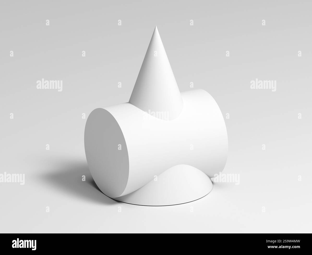 Abstract white geometric installation with cylinder intersected with a ...