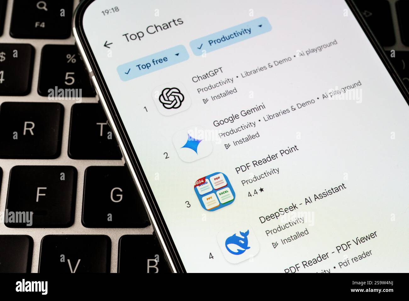 Smartphone with DeepSeek AI app in Google app store seen in in the top ...