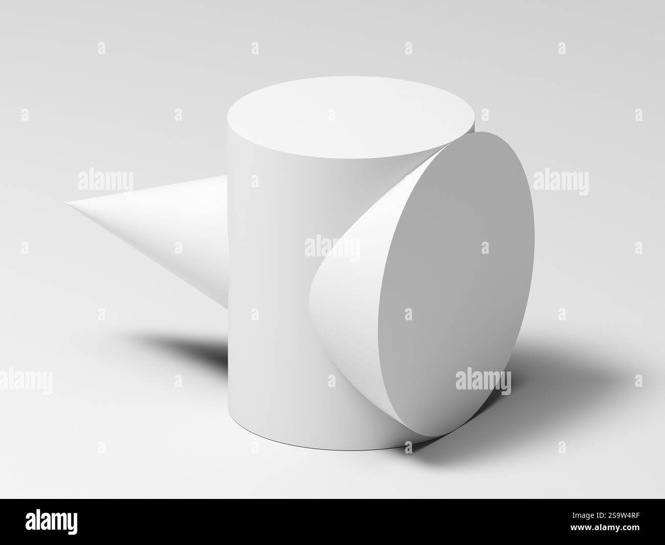 Abstract white geometric installation, cylinder intersected with cone ...