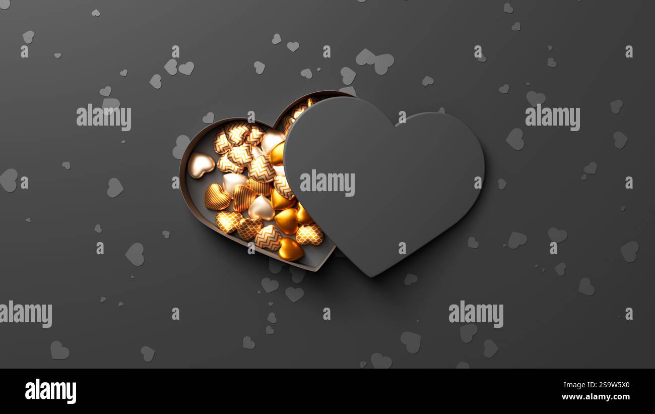 Black opened heart-shaped box with golden hearts inside on a black ...