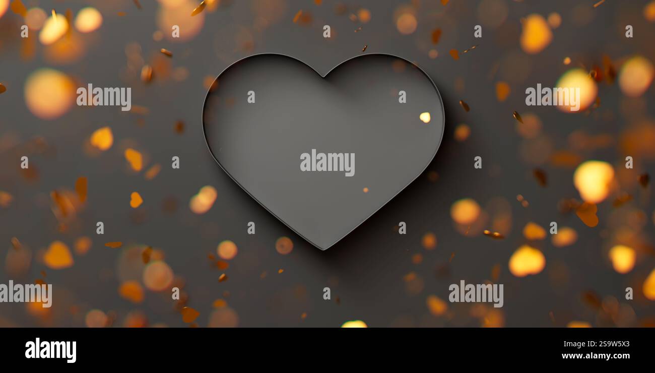 Black opened heart-shaped box on a background with blurred falling ...