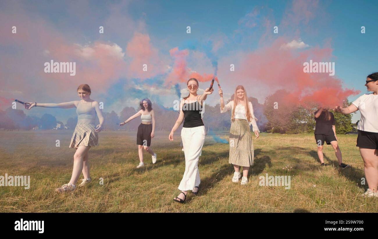 Group of teenagers walking in a field, enjoying summer holidays and ...