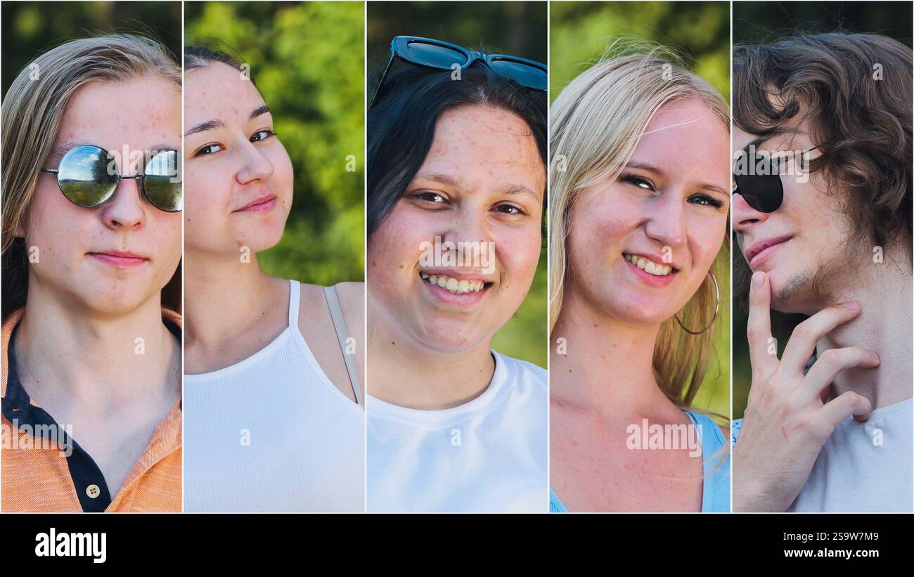 Group of five diverse high school or university students come together ...